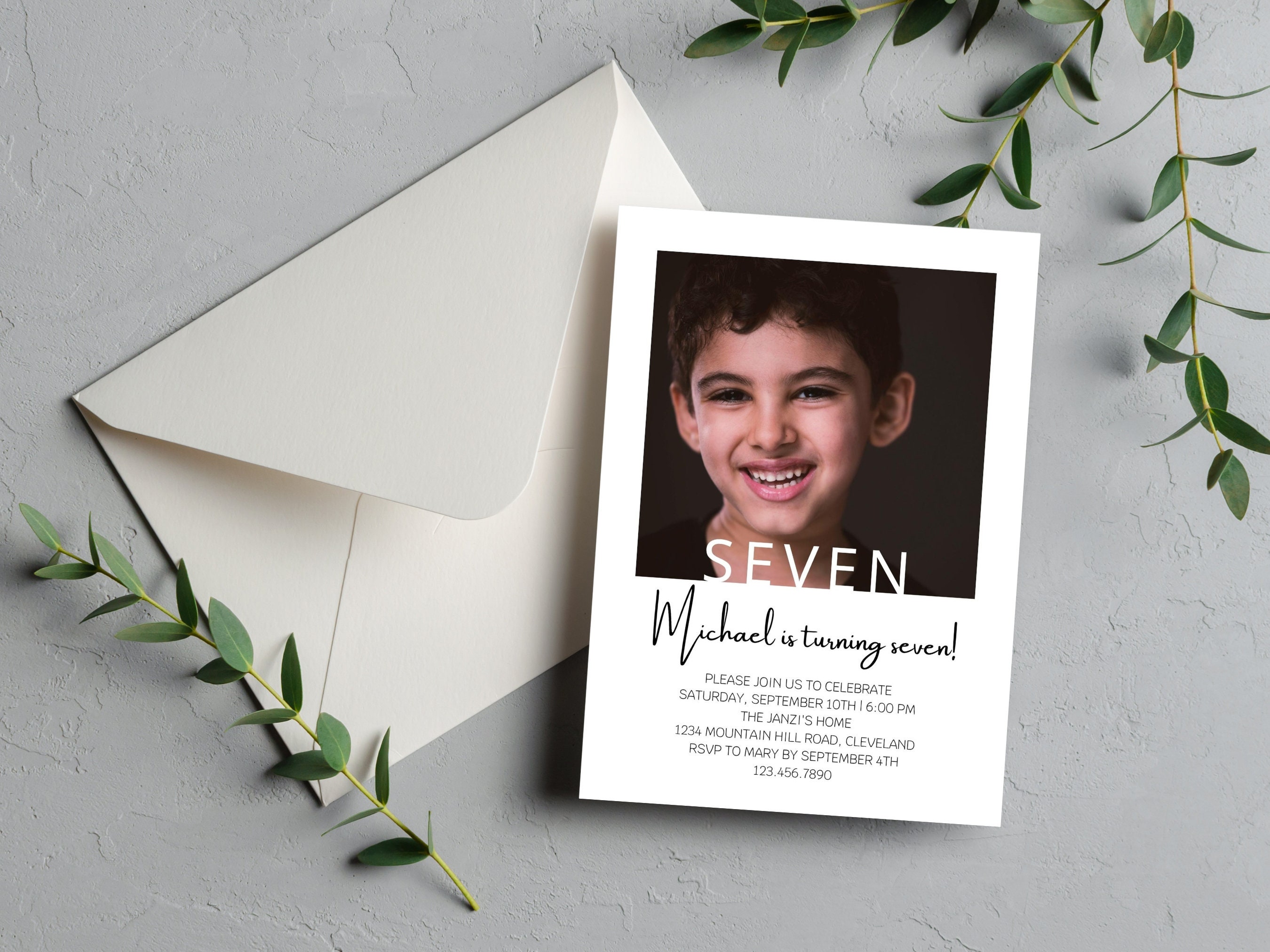 7th Birthday Party Invitation Template, Photo Birthday Evite, Seventh ...