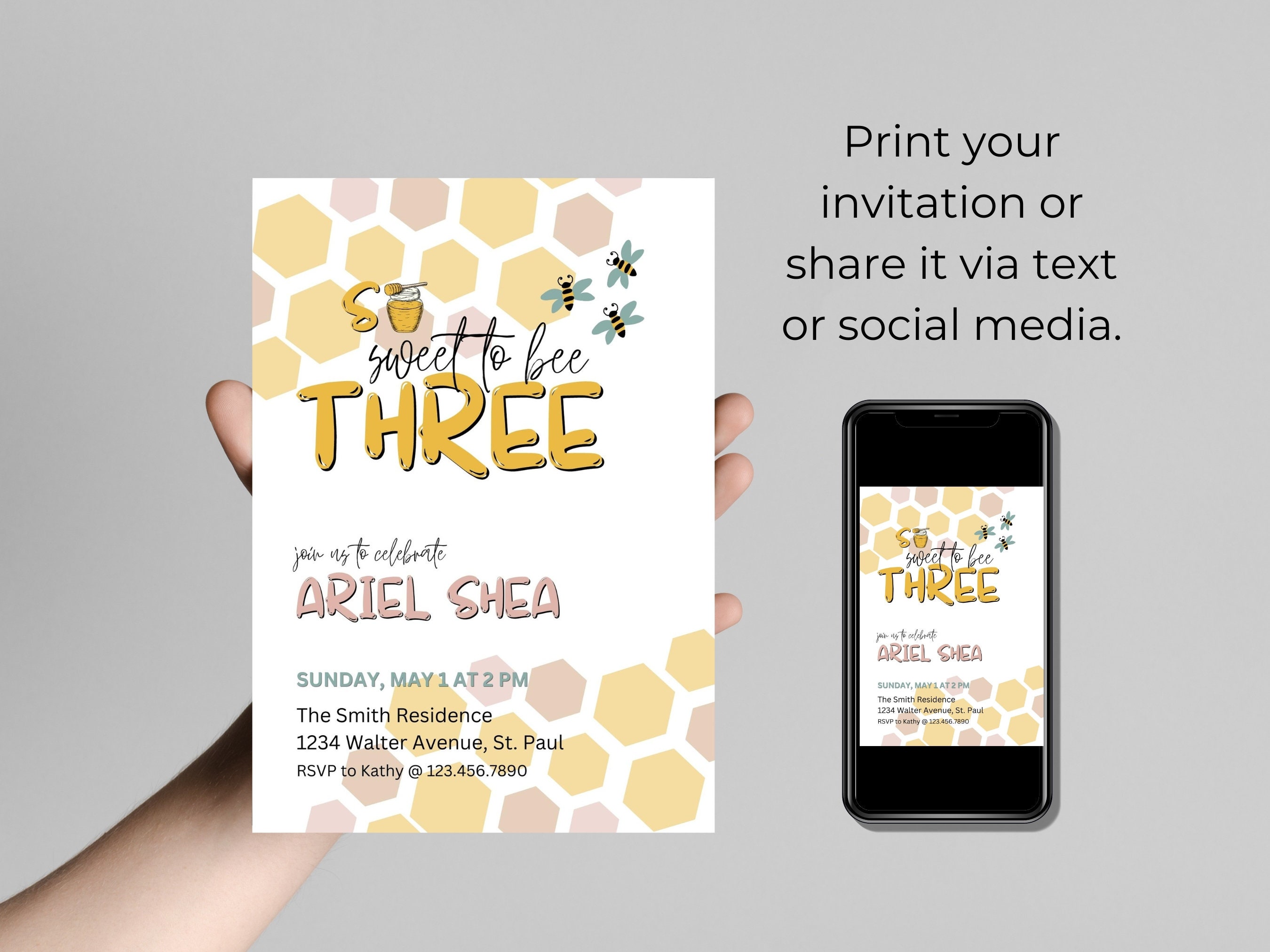 Bumble Bee Birthday Invitation, so Sweet to Be Three, Bee Three Party ...