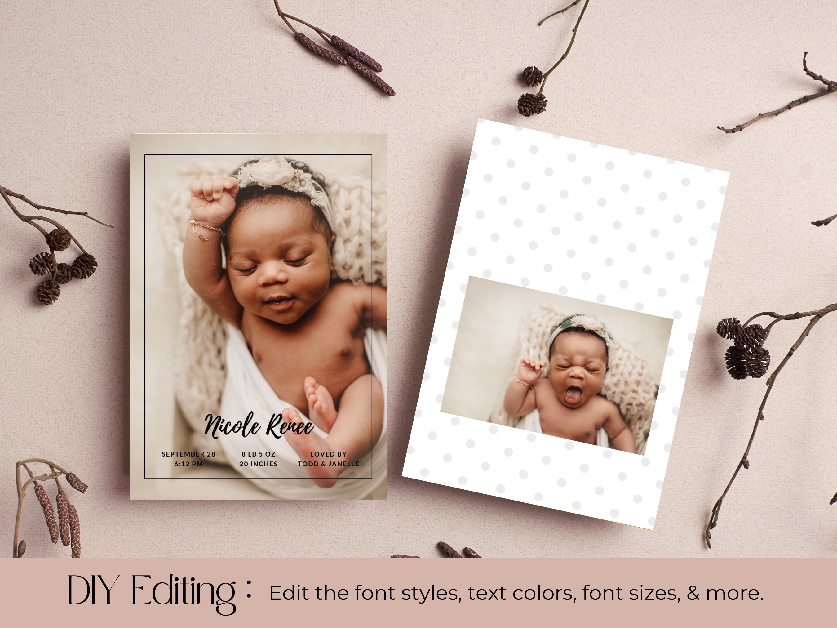 Newborn Photo Card Template, Printable Birth Announcement, Digital ...
