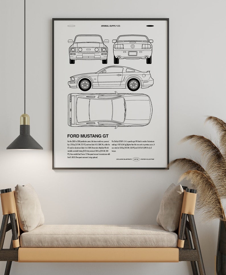 FORD MUSTANG GT - Minimalist Car Poster, Car Plan, Sports Car, Wall ...