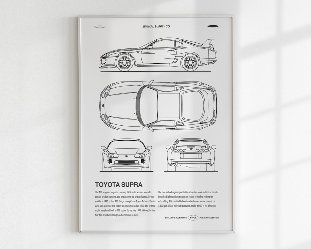 TOYOTA SUPRA Blueprint JDM Car Print Poster Canvas Minimalist Japan ...