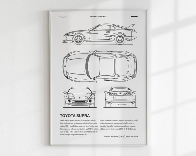TOYOTA SUPRA Blueprint JDM Car Print Poster Canvas Minimalist Japan ...