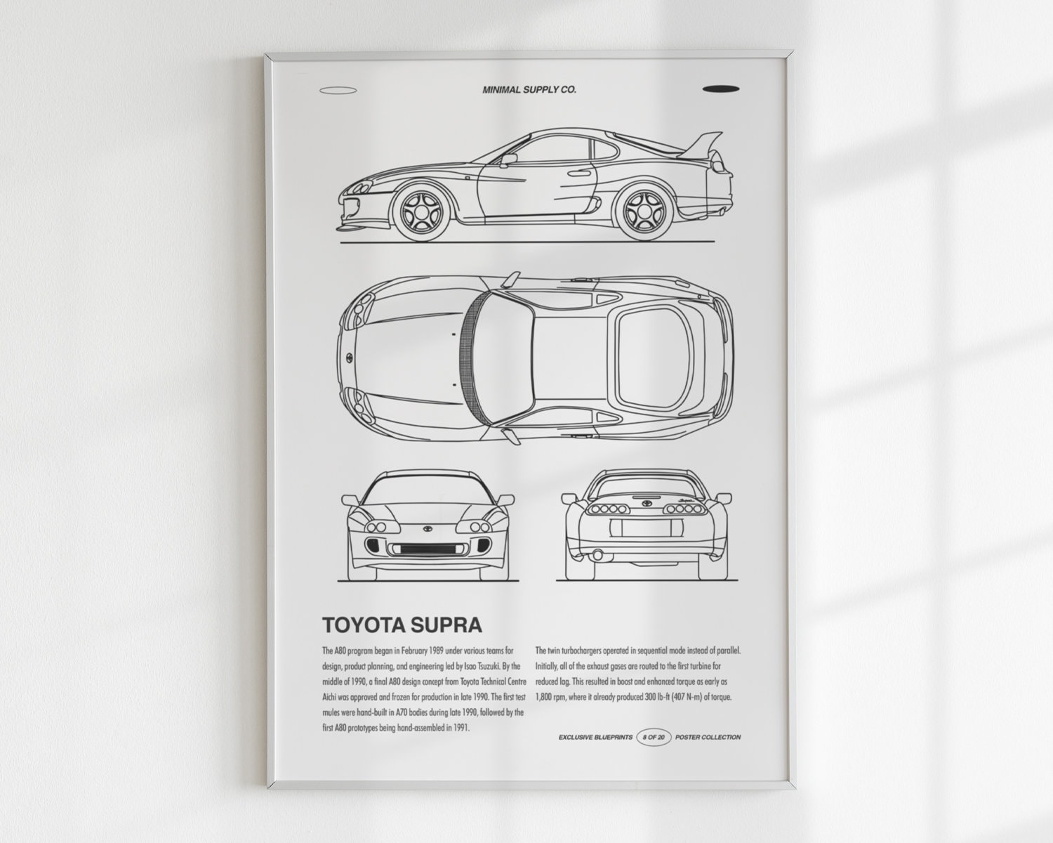 Póster impreso de coche TOYOTA SUPRA Blueprint JDM, lienzo minimalista ...
