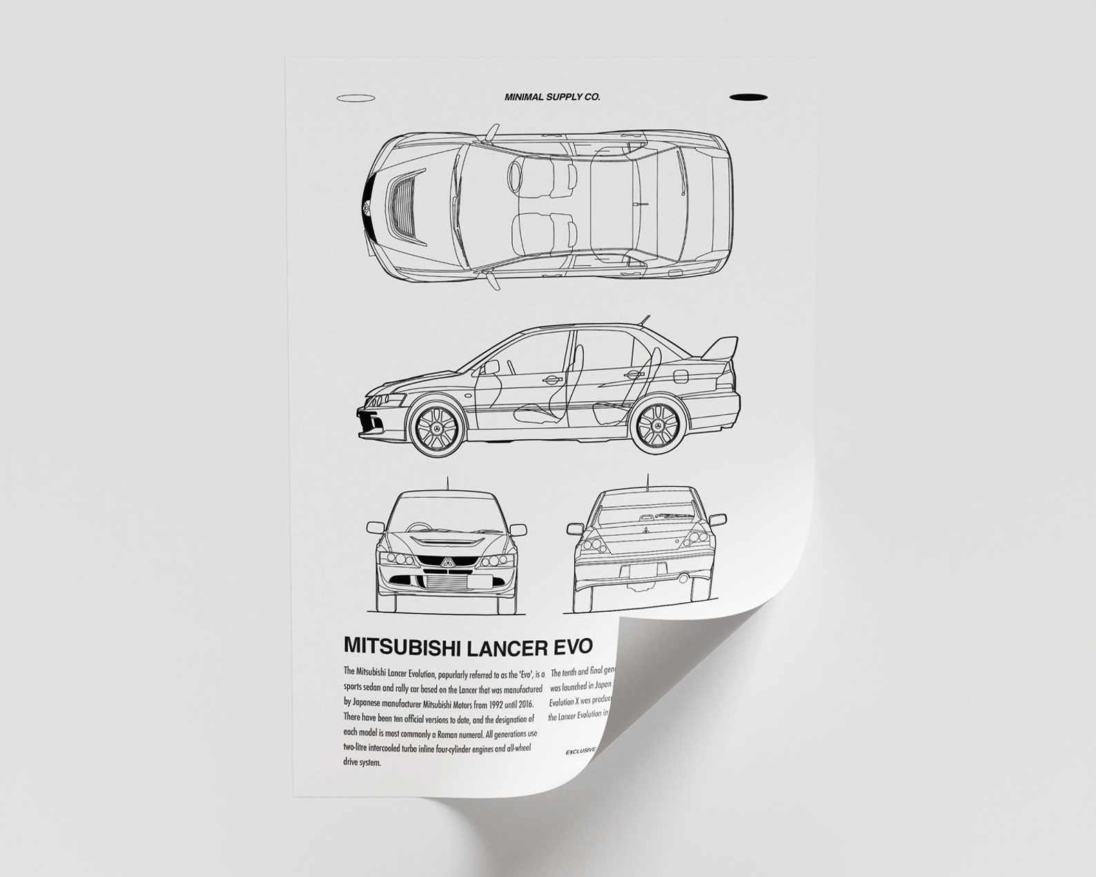 MITSUBISHI LANCER EVO - Minimalist Car Poster, Car Plan, Sports Car ...