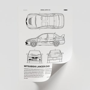 MITSUBISHI LANCER EVO - Minimalist Car Poster, Car Plan, Sports Car ...