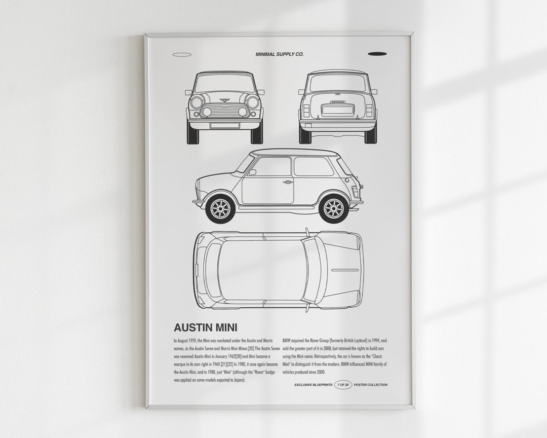 AUSTIN MINI Blueprint Classic Car Print Poster Canvas Minimalist ...