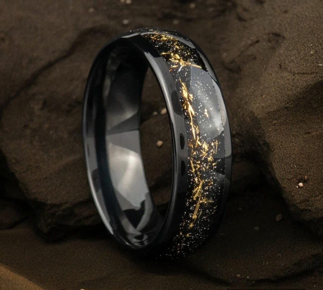 Gold & Silver Inlay Cosmic Galaxy Ring Wedding Band Men, Meteorite ...