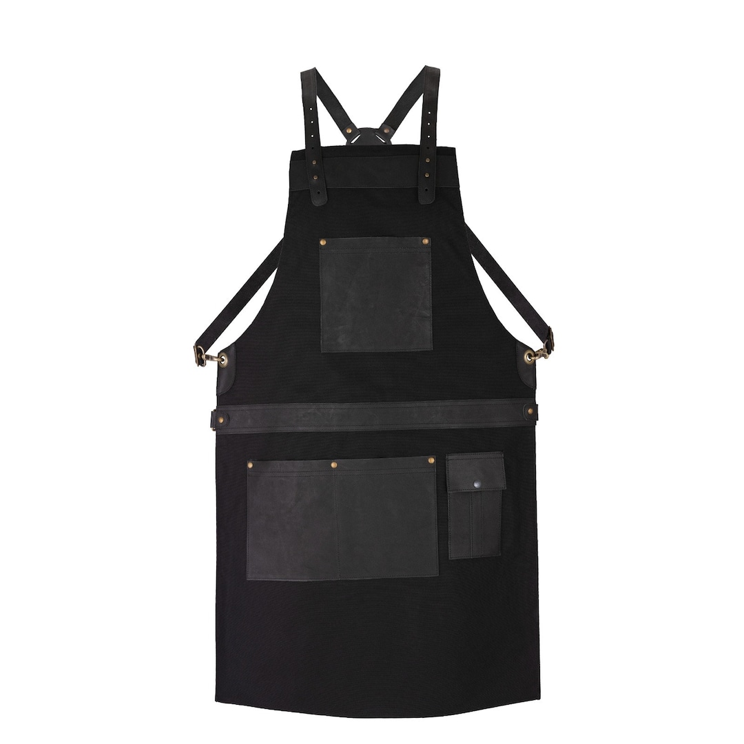 Premium Black Canvas Apron With Leather Pockets - Handmade, Durable ...