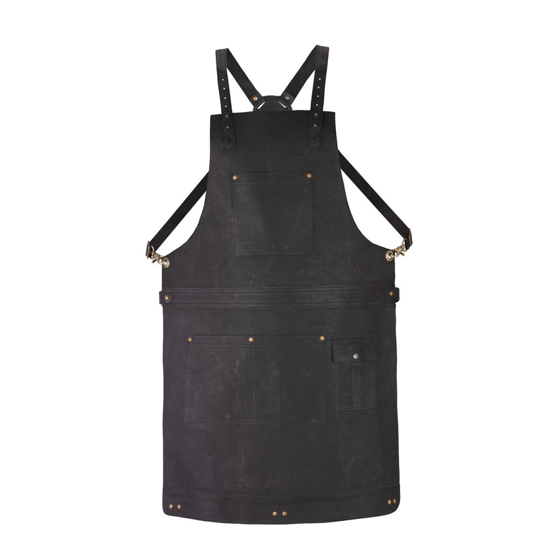 Premium Full Grain Leather Apron Black, 3 Big Pockets, 1 Small Pocket ...