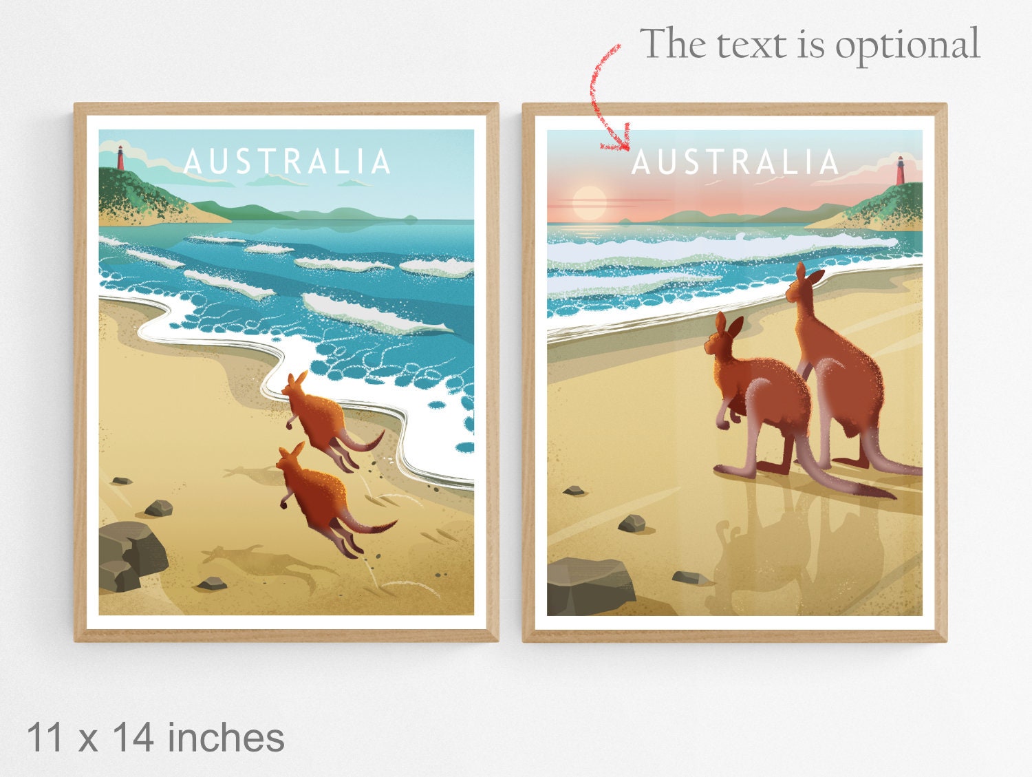 2 Kangaroos at Australian Beach Posters, Set of 2, Two Australia Art ...