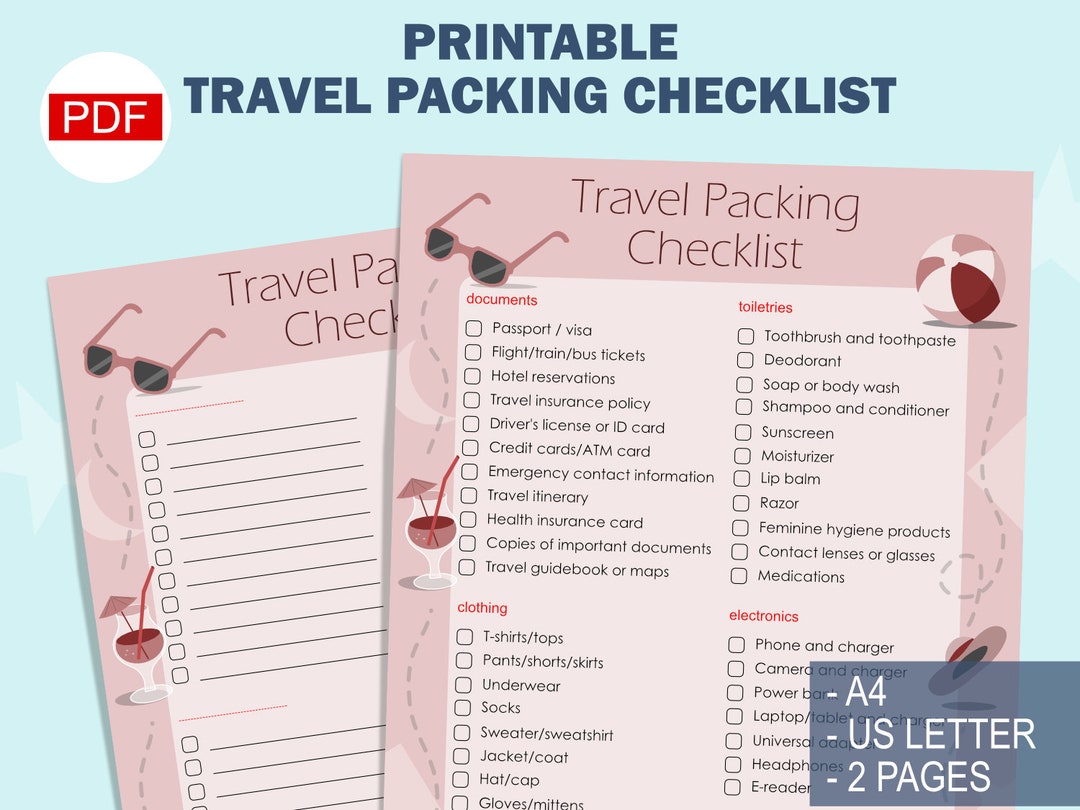 Travel Packing List Printable, Vacation Baggage Checklist, Luggage List ...
