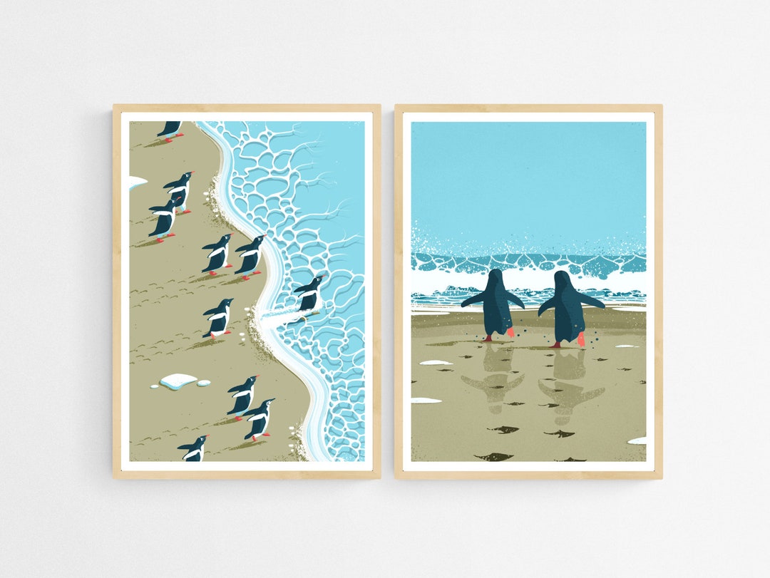 2 Winter Art Prints, Penguin Beach Set of 2, Antarctic Coastal Wall Art ...