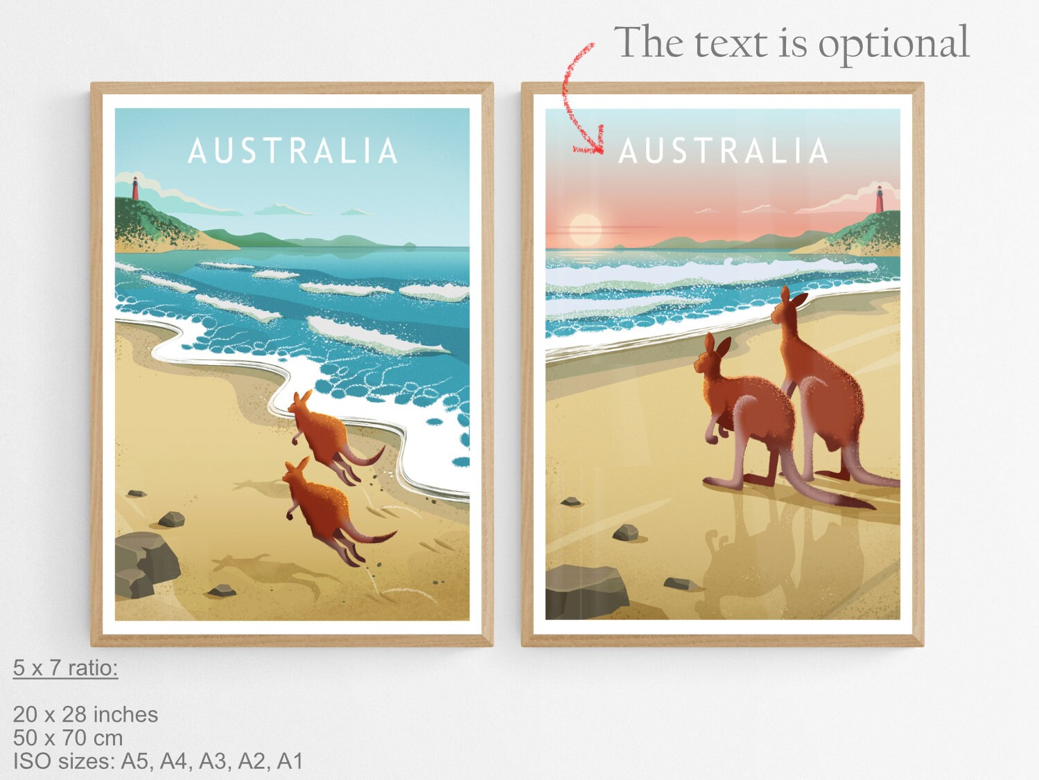 2 Kangaroos at Australian Beach Posters, Set of 2, Two Australia Art ...