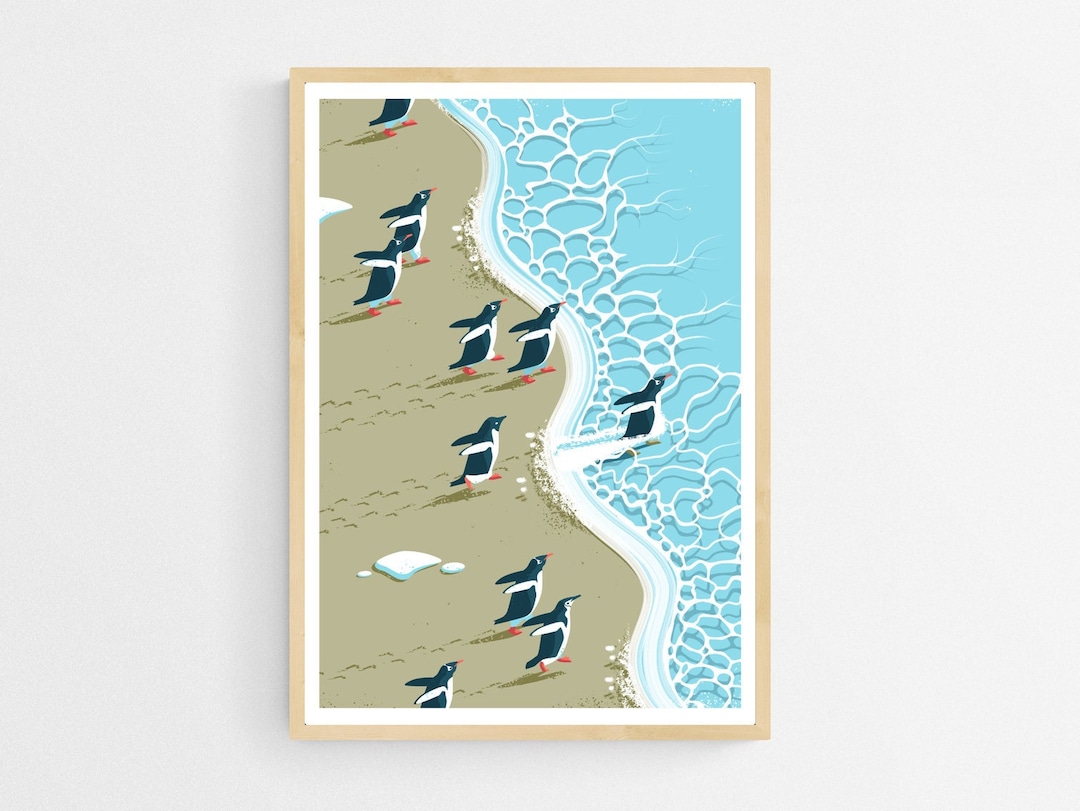 Penguin Beach Art Print / Antarctica Illustrated Wall Art / Antarctic ...