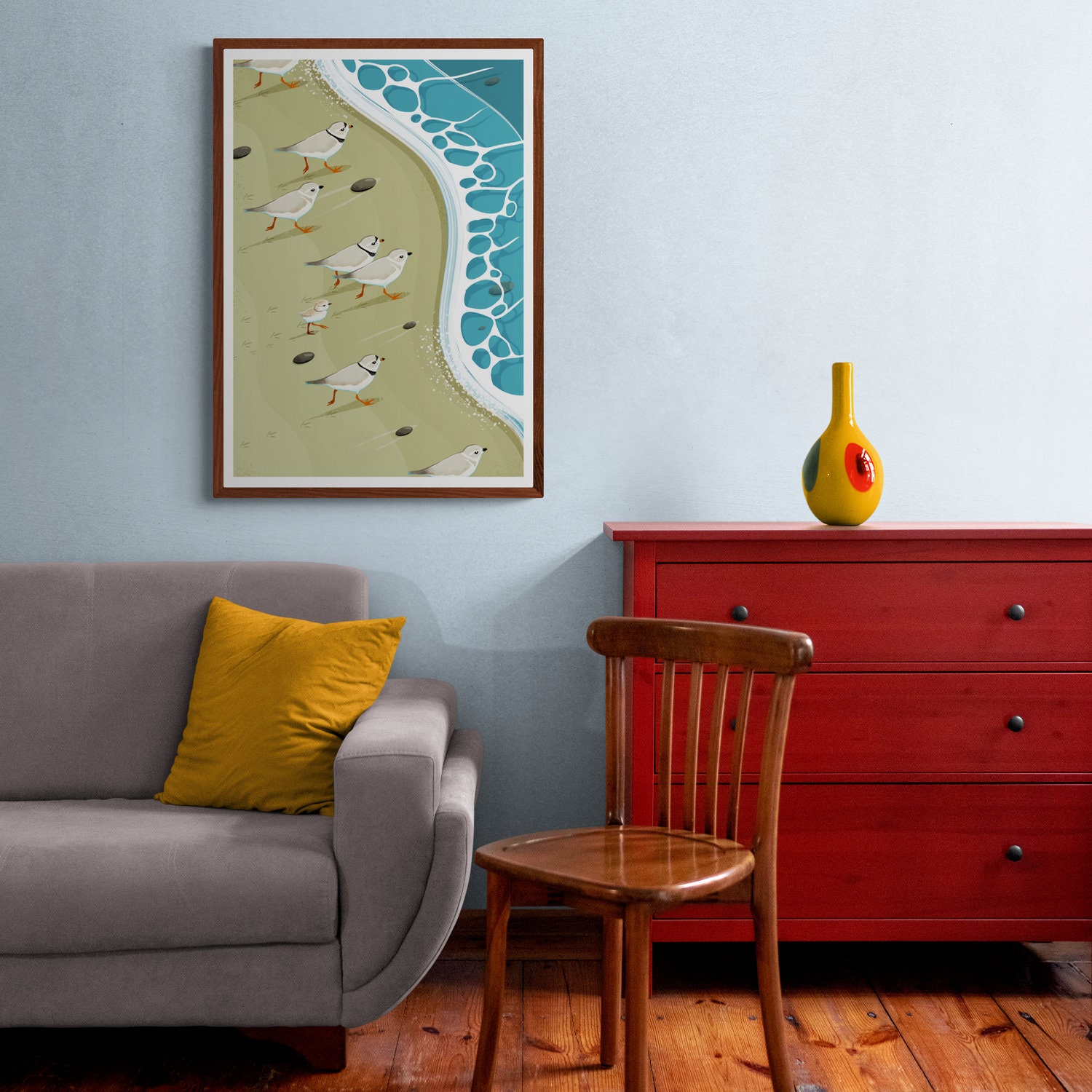 Piping Plovers Chasing the Seashore Art Print, Coastal Birds Poster ...