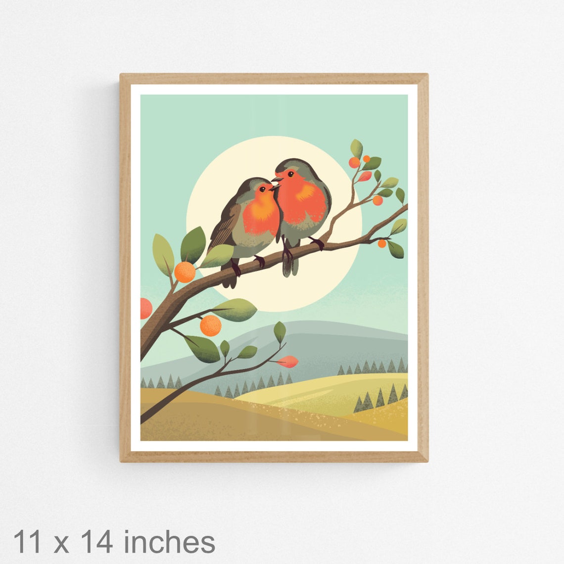 Robins on a Tree Branch Art Print, Birds Couple in Love Poster ...