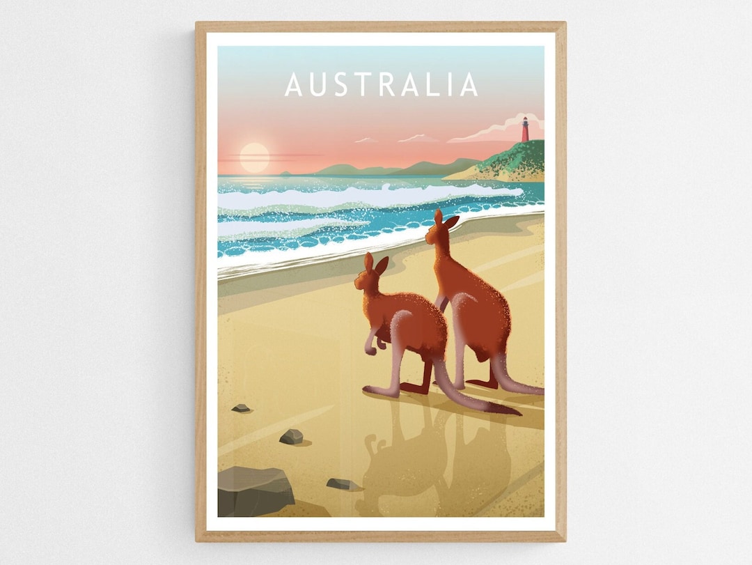 Australia Poster, Kangaroos at Australian Sunset Beach Art Print ...