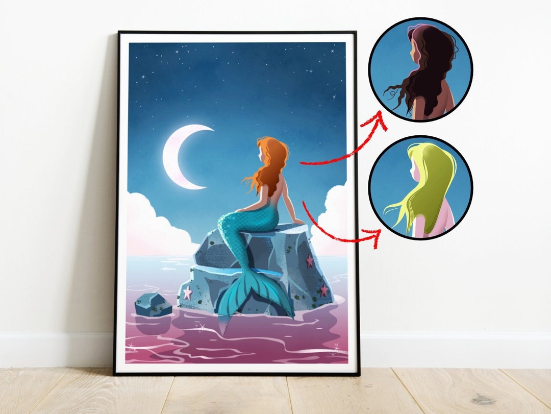 Mermaid Poster, Personalized, Choose Hair Style and Skin Tone, Custom ...