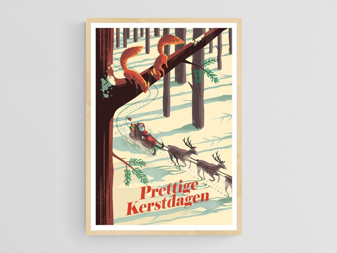 Dutch Christmas Art Print Holiday Wall Art Santa in Reindeer - Etsy