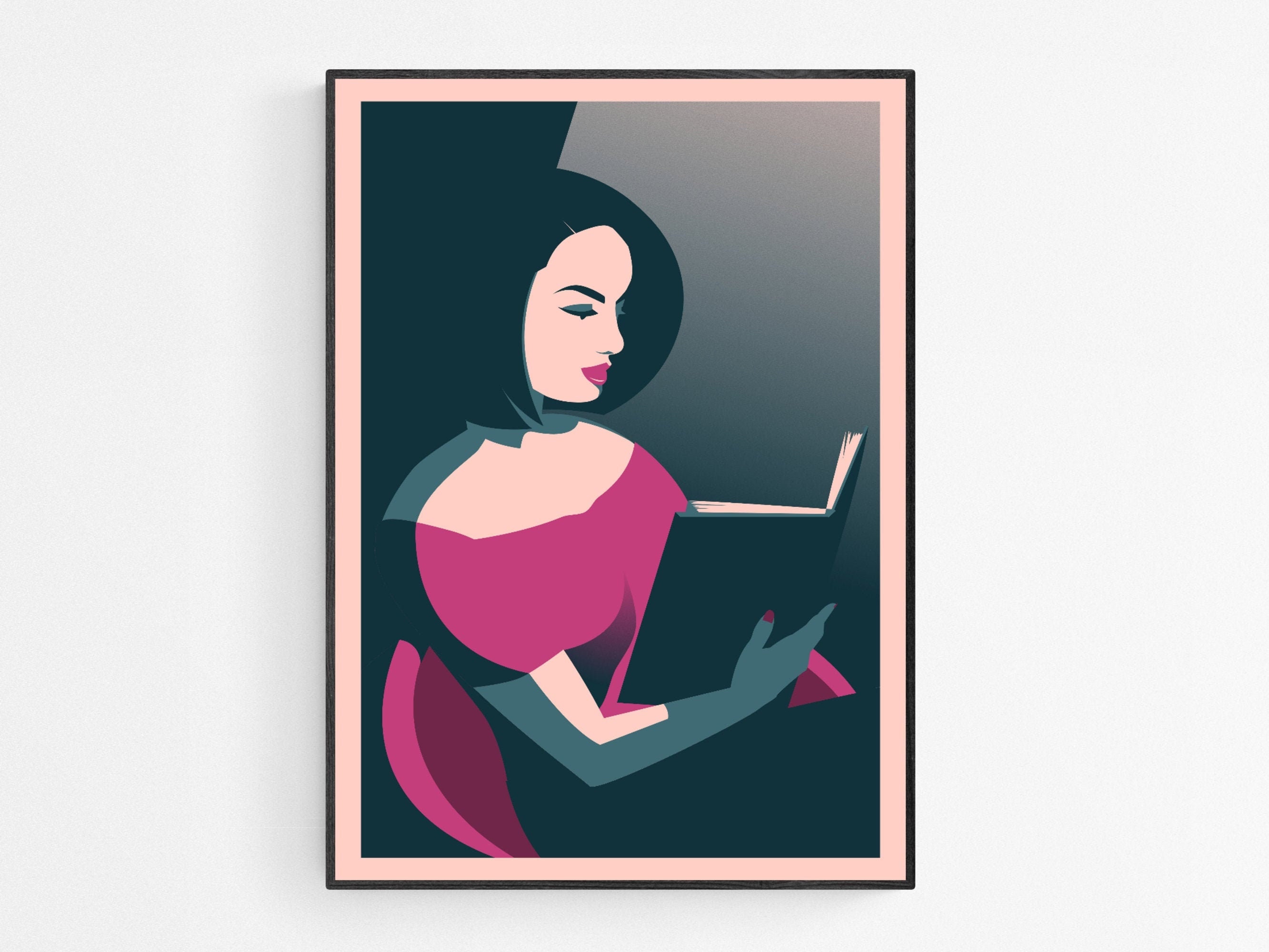 Woman Reading a Book Art Print, Graphic Art Poster, Illustration Wall ...