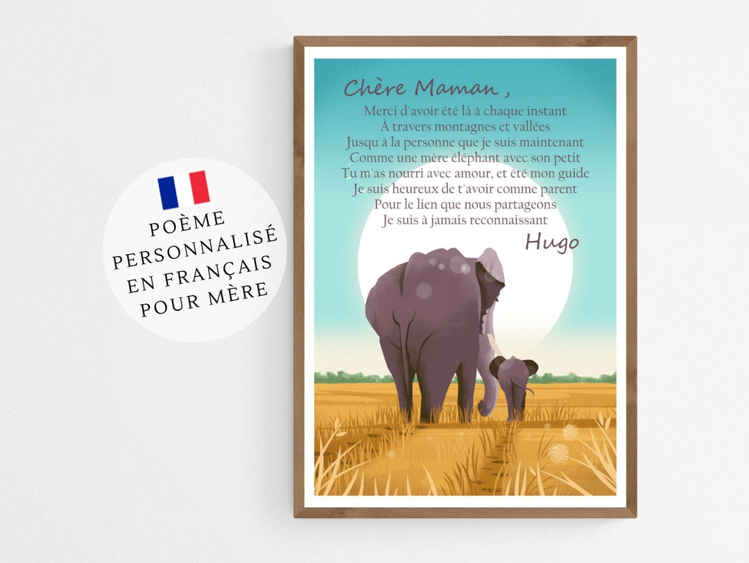 Mother Poem Art Print in French With Elephant Mom and Child Metaphor ...