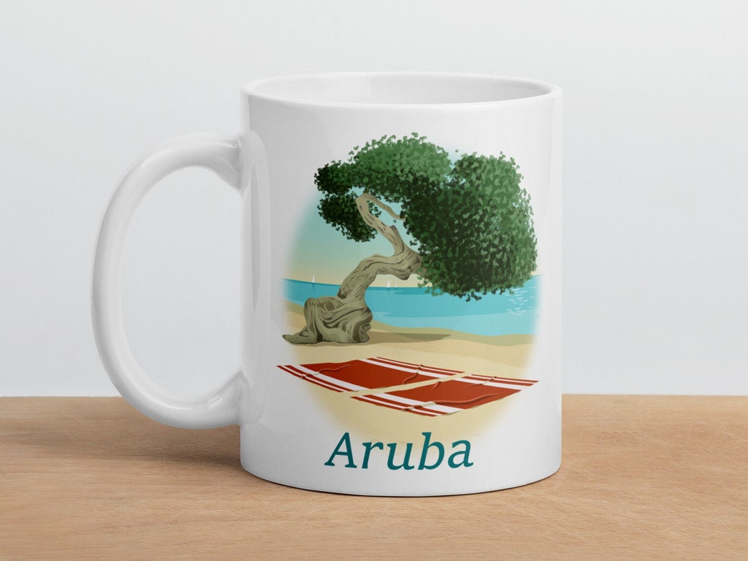 Aruba Mug, Aruba Souvenir, Beach With Divi Divi Tree Illustration ...