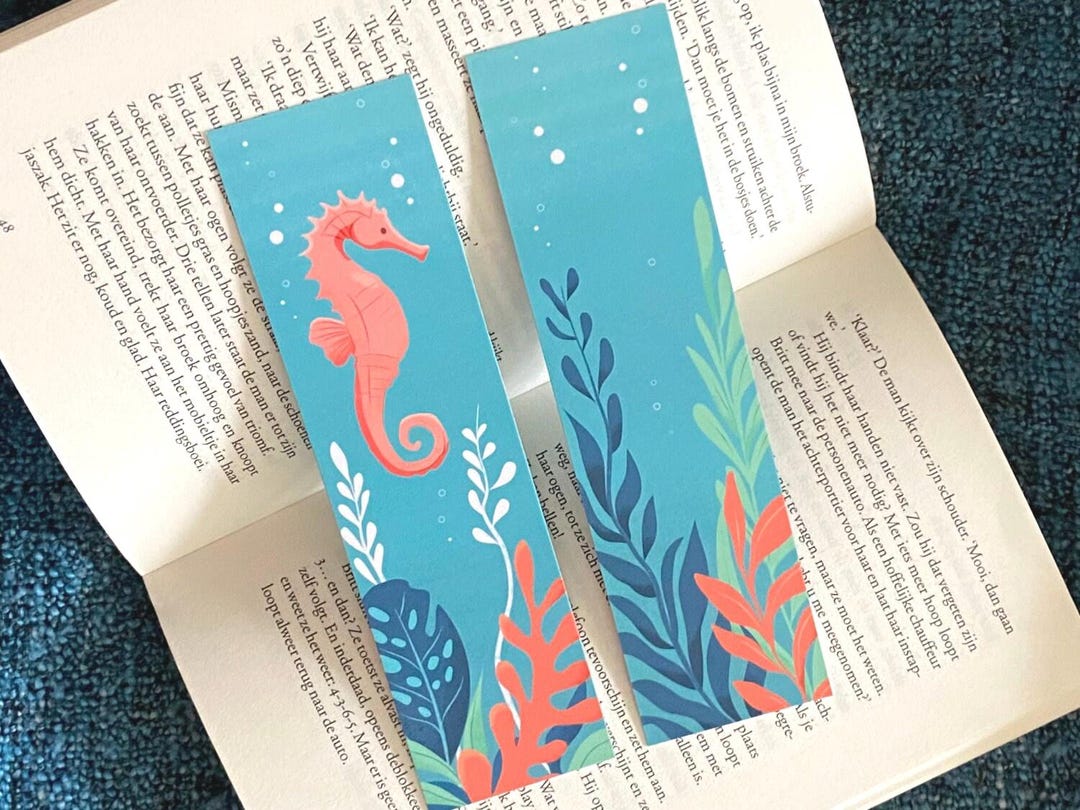 Seahorse Bookmark, Ocean Foliage Illustration, Double Sided - Etsy