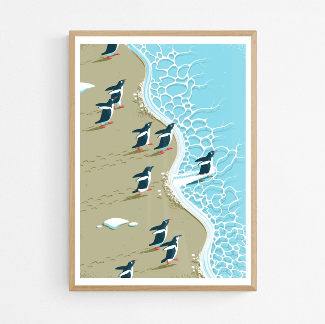 Penguin Beach Art Print / Antarctica Illustrated Wall Art / - Etsy