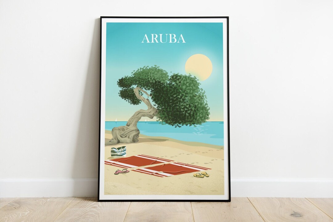 Aruba Poster, Beach With Divi Divi Tree Art Print, Dutch Caribbean ...