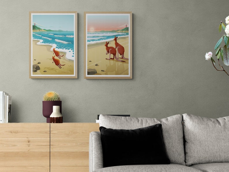 2 Kangaroos at Australian Beach Posters, Set of 2, Two Australia Art ...