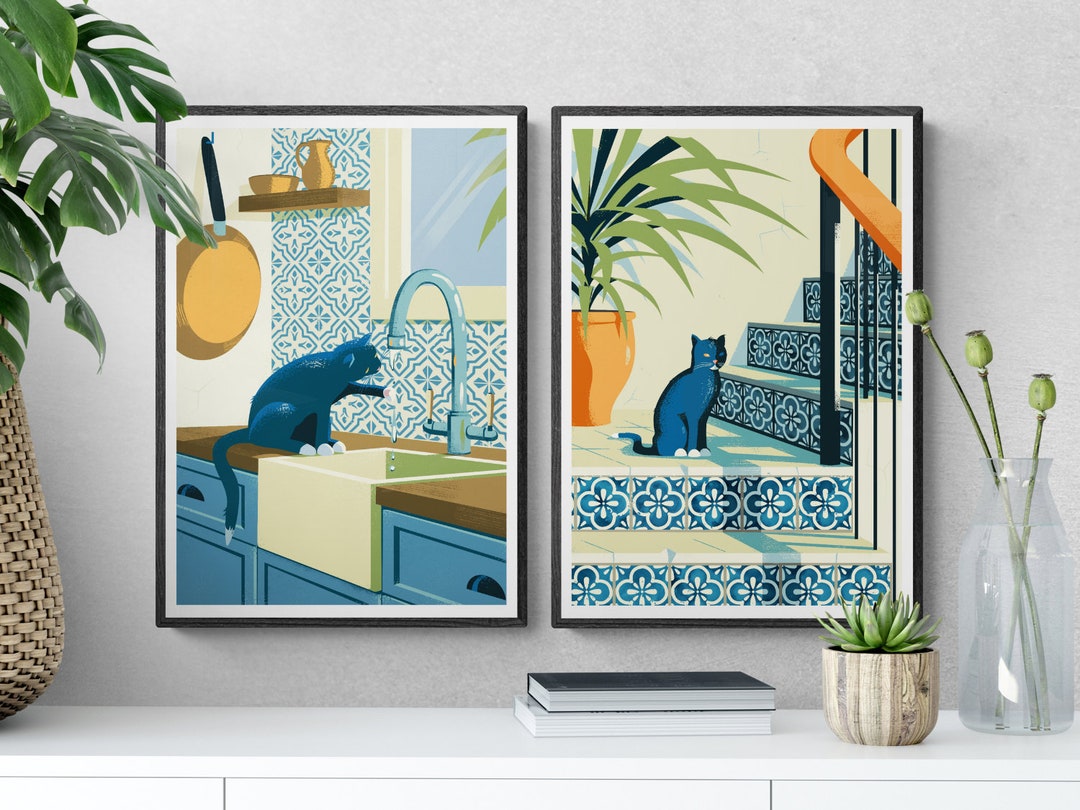 Set of 2 Black Cat and Tiles Art Prints, Two Posters, Summer ...