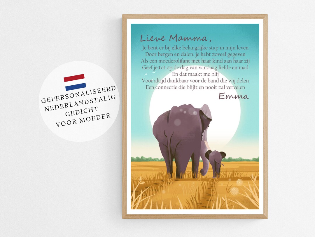 Mutter Gedicht, Kunstdruck in Niederländisch mit Elefanten Mama und ...