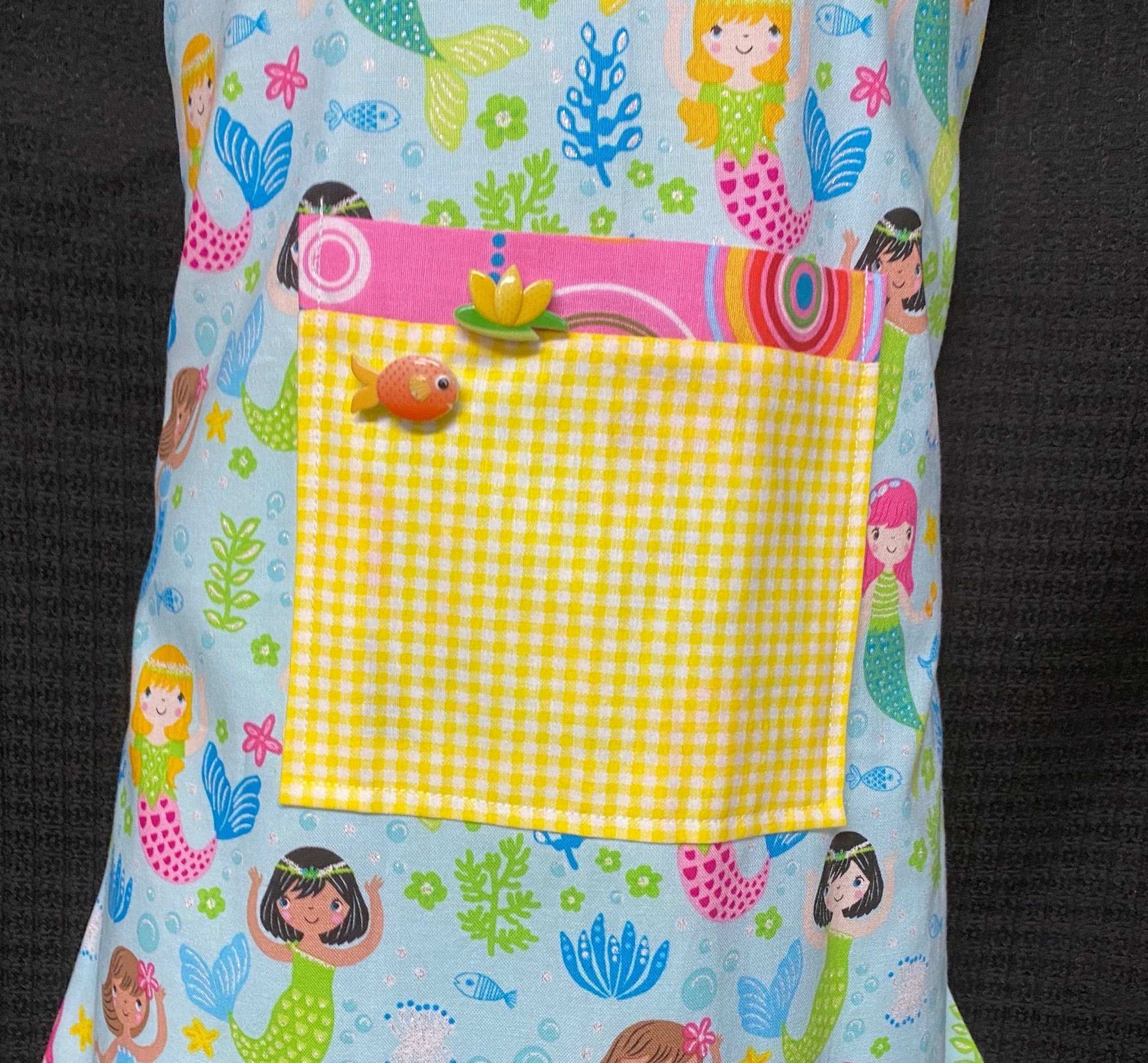 Little Girls Mermaid Apron, Kitchen Apron With Contrasting Pocket and ...