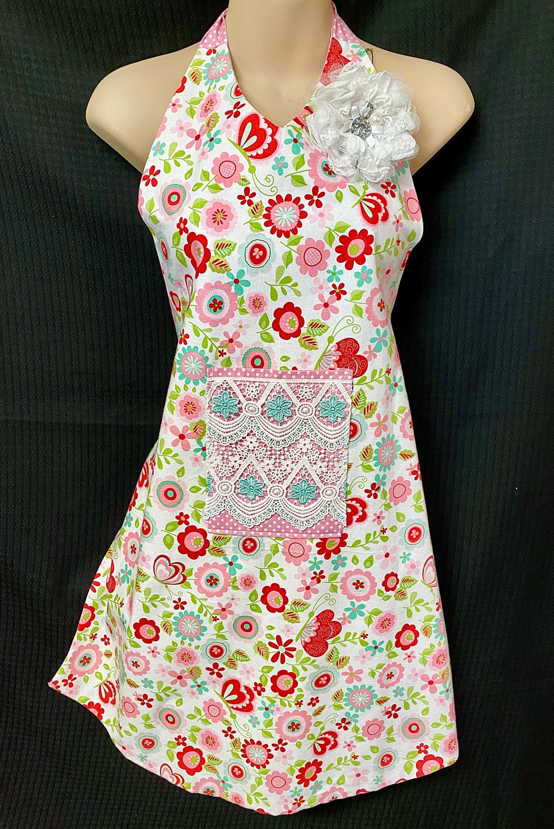 Floral Apron, Women's Kitchen Apron With Contrasting Pocket Reversible ...