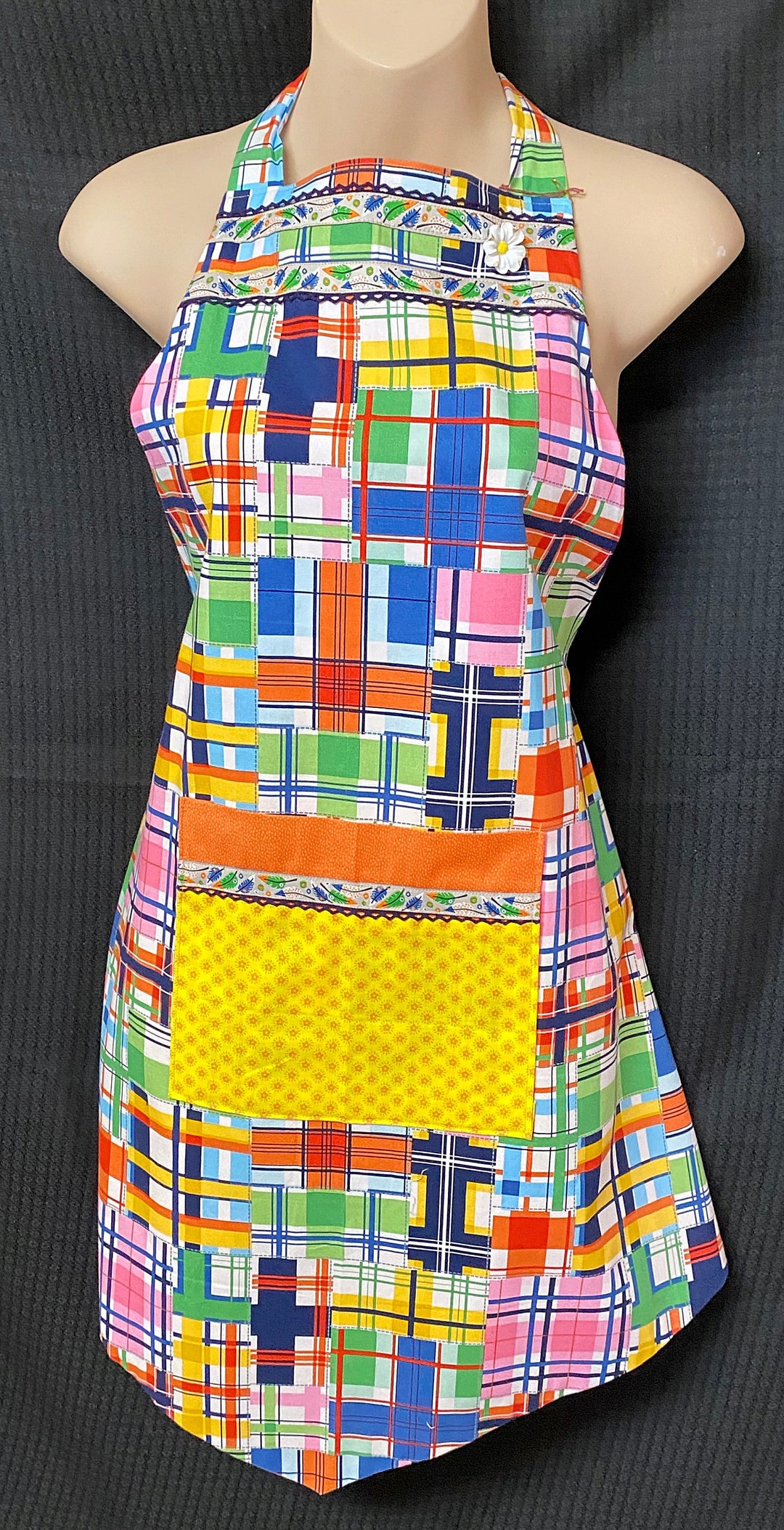 Madras Plaid Apron, Women's Kitchen Apron-contrasting Pocket With ...
