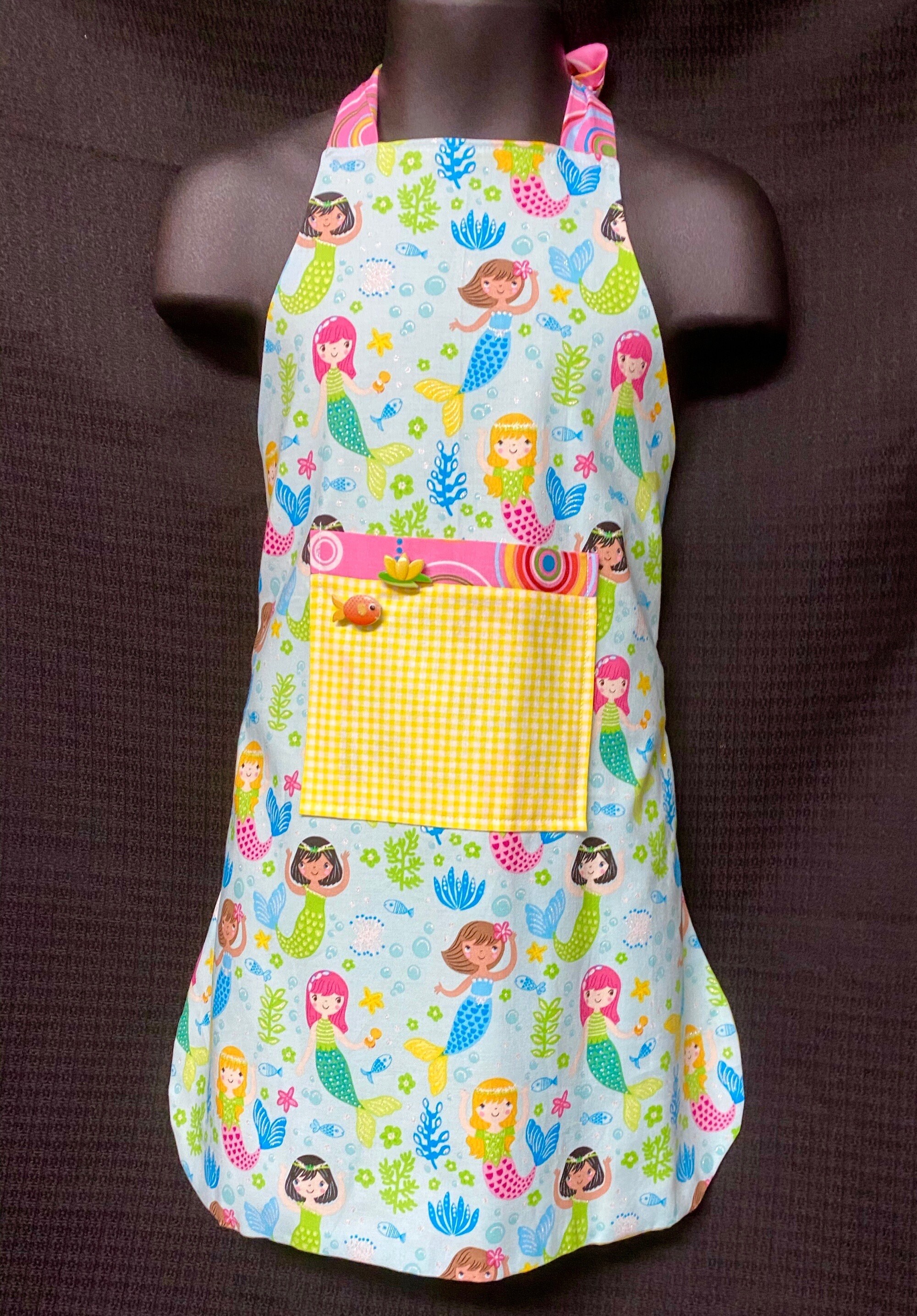 Little Girls Mermaid Apron, Kitchen Apron With Contrasting Pocket and ...
