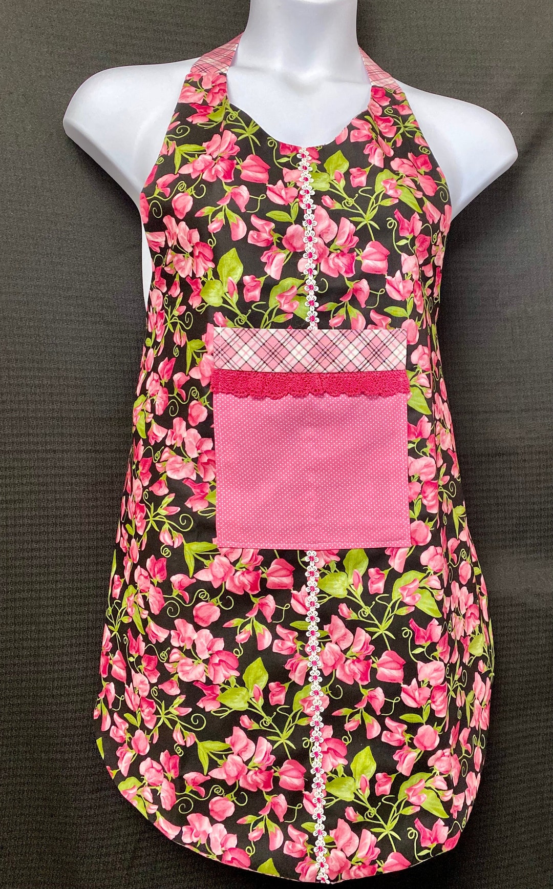 Lovely Pink Floral Apron, Reversible Women's Kitchen Apron With Lace ...