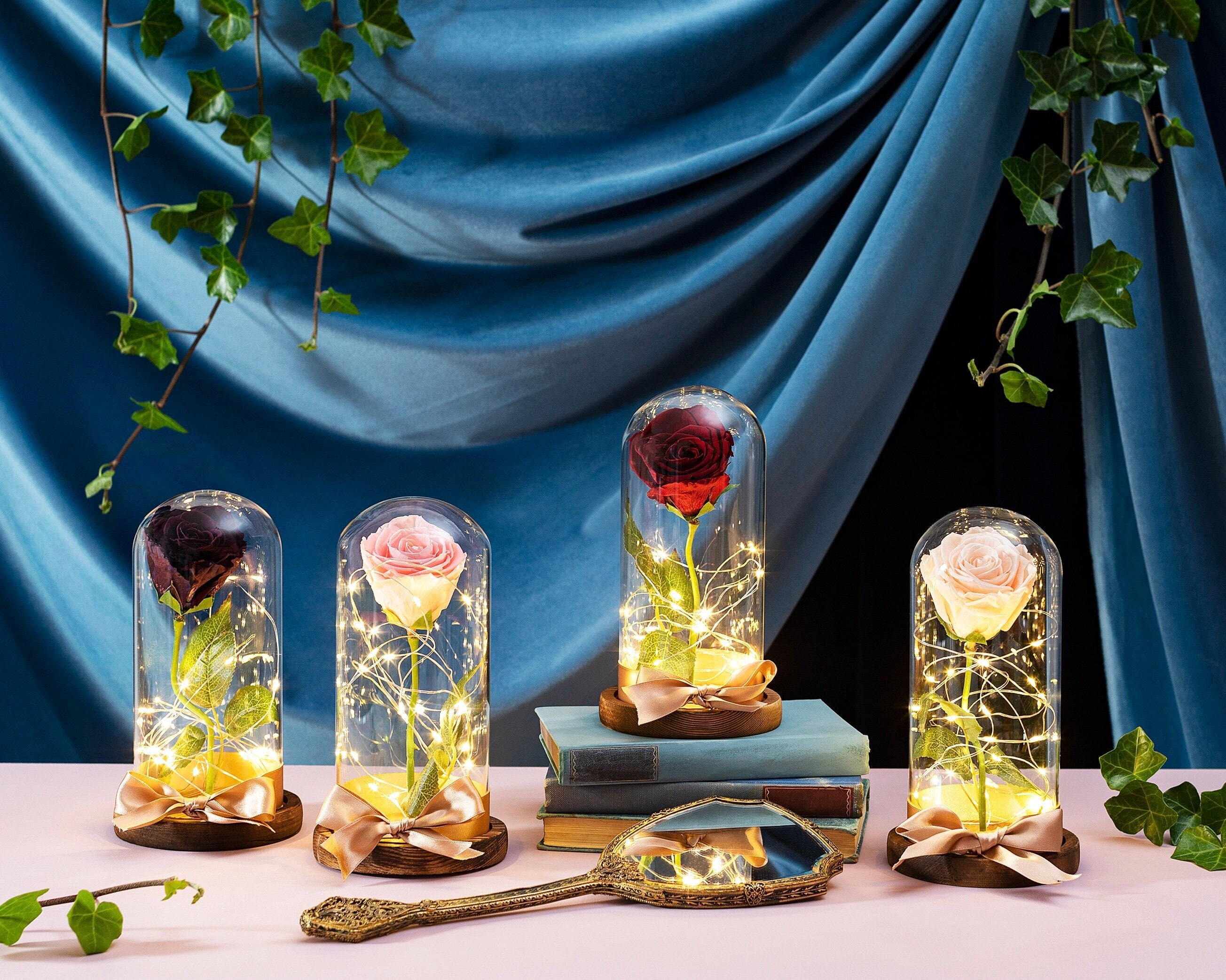 Real Preserved Red Rose in Glass Dome With Fairy Lights Valentines Gift ...
