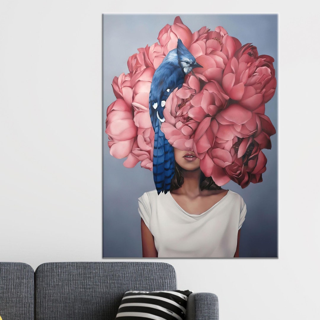 Woman Canvas Art: Pink Flowers & Blue Jay - Abstract Wall Decor - Etsy