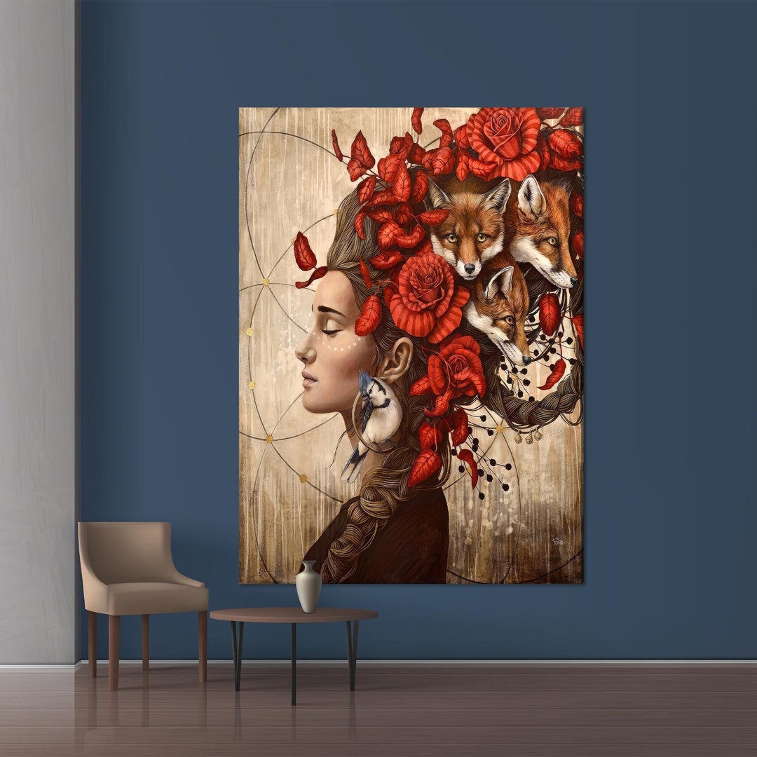 Woman and Fox Canvas Art: Flower Head Wall Decor - Etsy