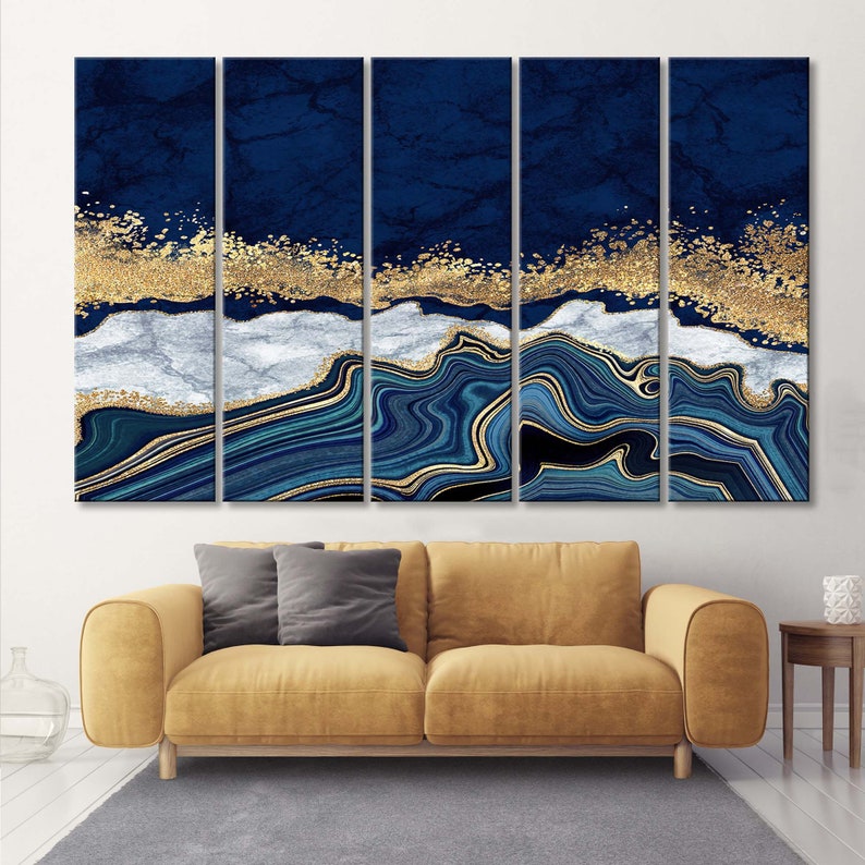 Blue Gold Marble Canvas Navy Blue Abstract Luxury Wall Art | Etsy