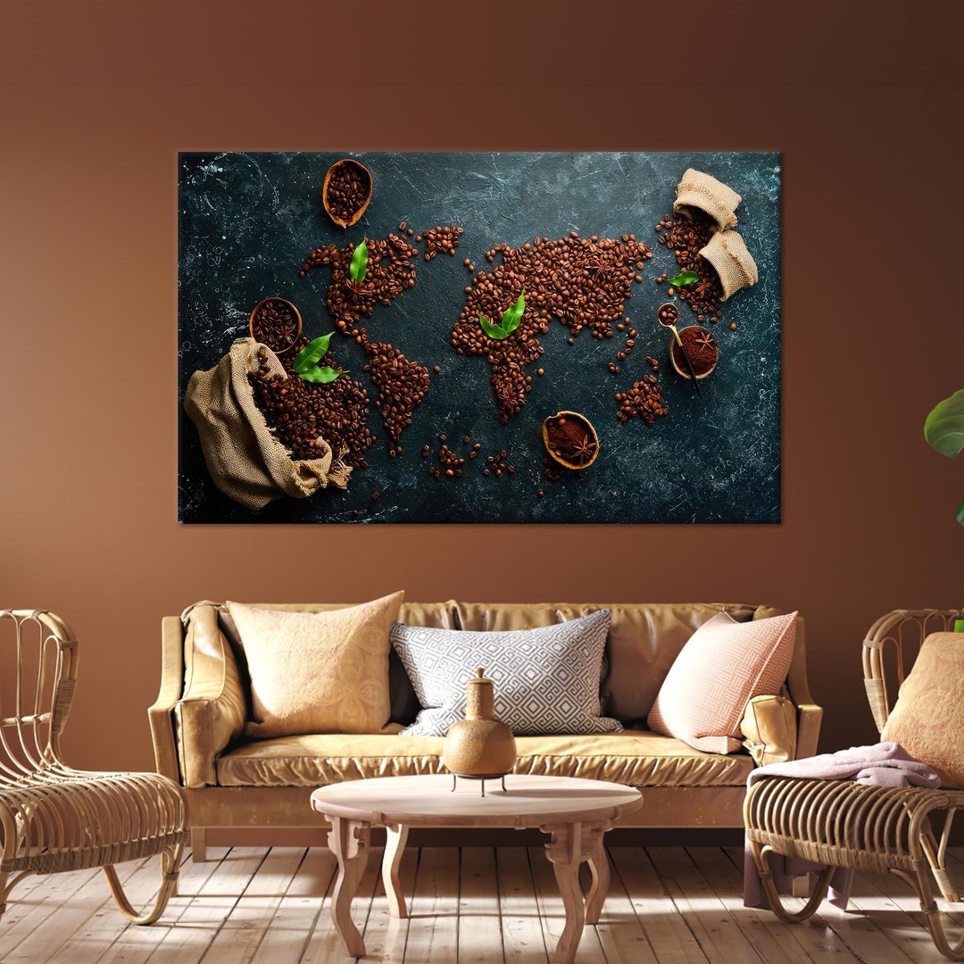 Coffee Map Art, Map Canvas Decor, World Map Canvas Art, Kitchen Art ...