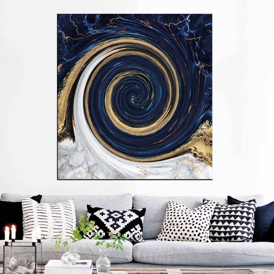 Navy Blue & Gold Swirl Canvas Art: Modern Illusion Wall Decor - Etsy