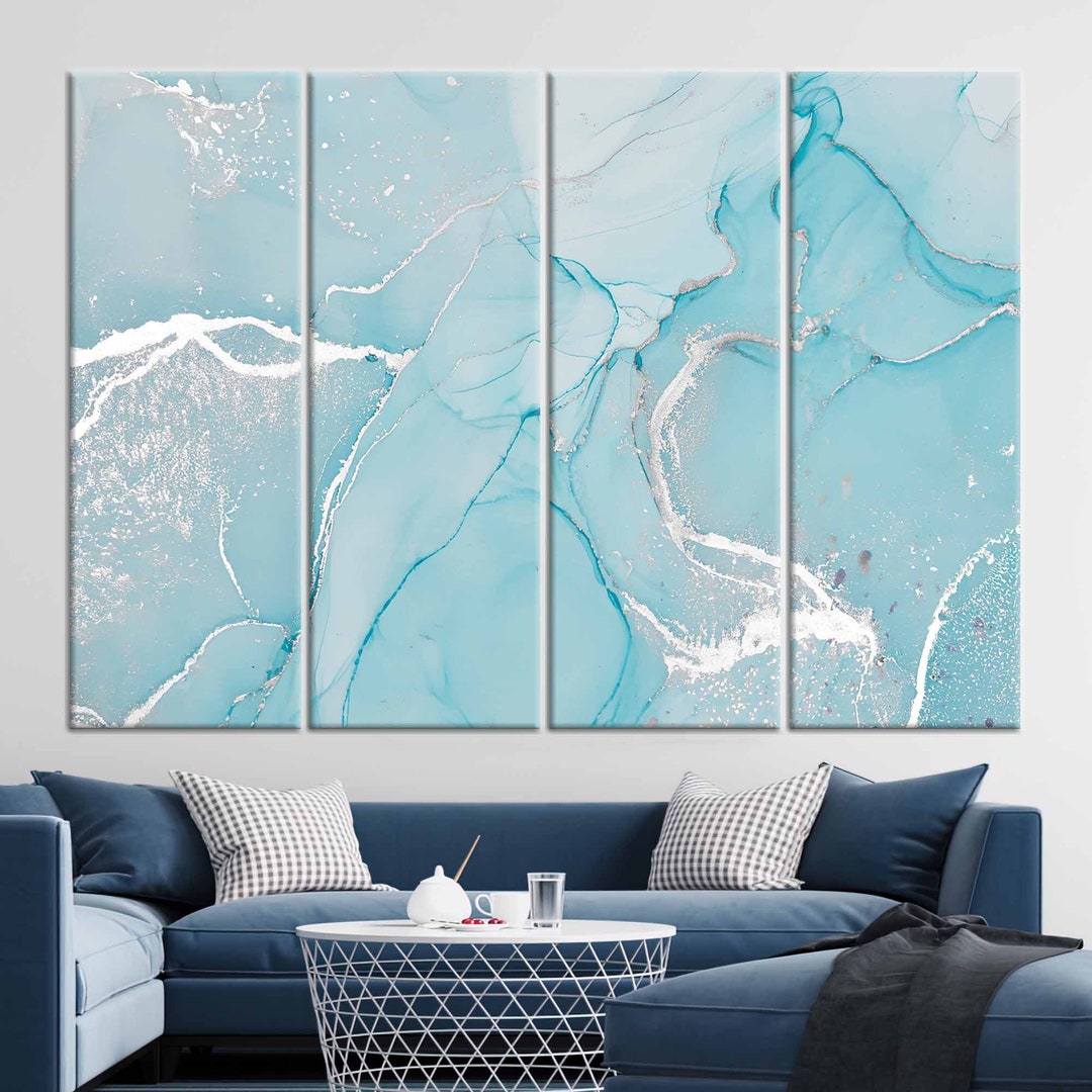 Blue Marble Wall Art, Silver Marble Print, Marble Canvas, Blue Wall Art ...
