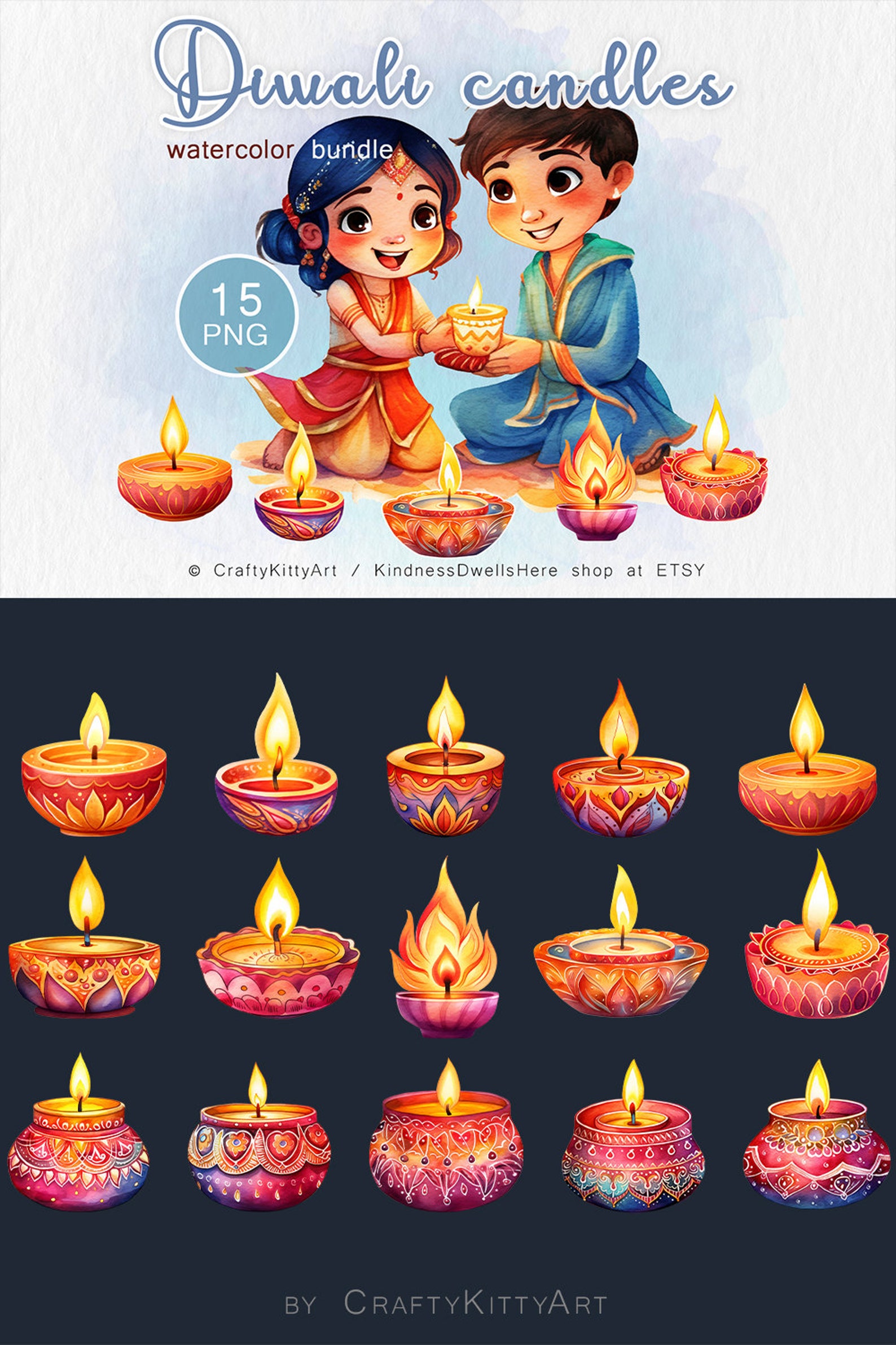 Diwali Clipart. Diwali Candle Png. Watercolor PNG Bundle. Watercolor ...
