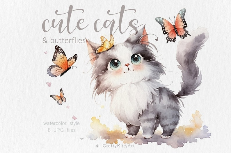 Cute Cats Clipart. Watercolor Clip Art Bundle. Digital JPG ...