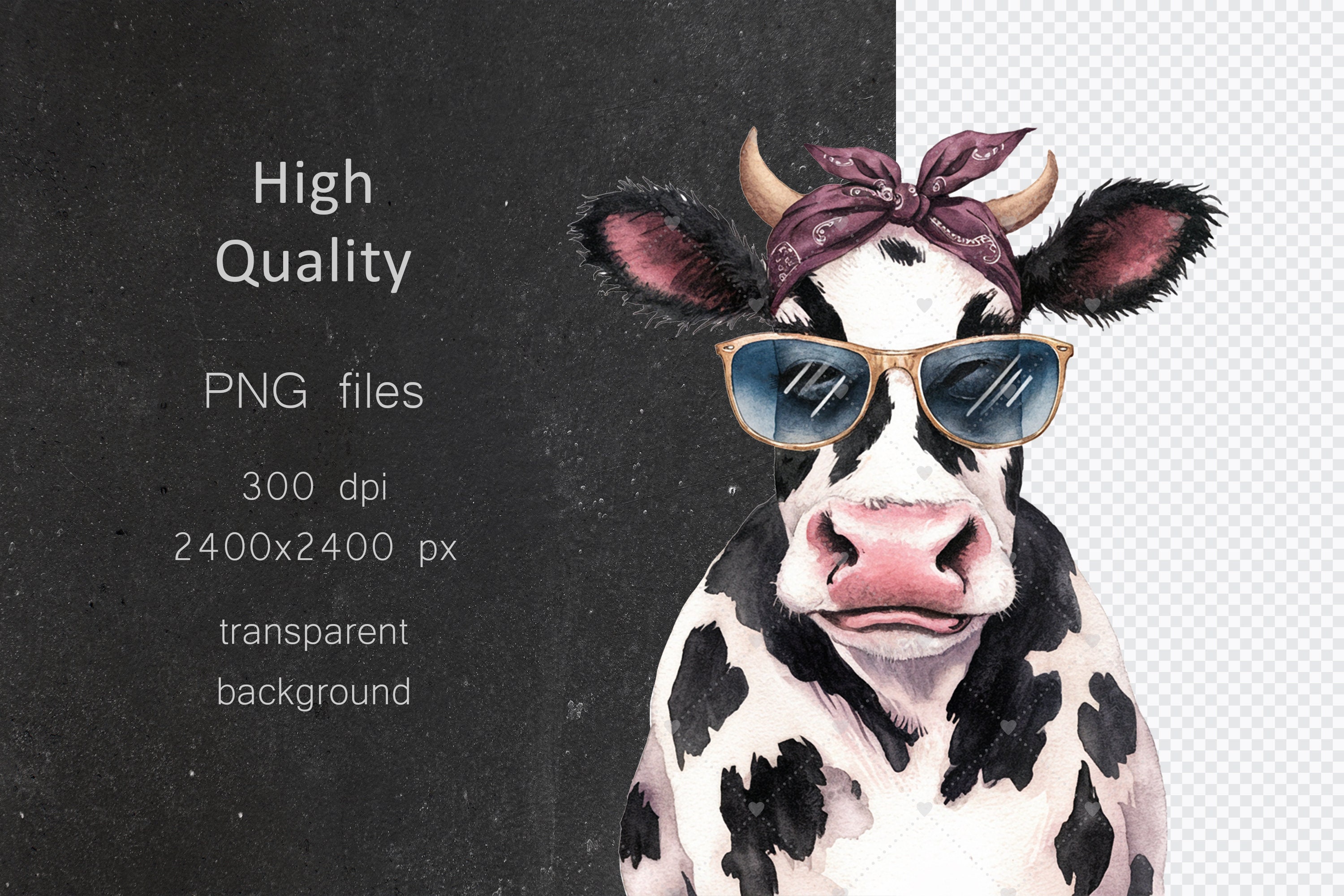 Funny Cow Clipart, Cute and Quirky Cows in Glasses. Watercolor Clip Art ...