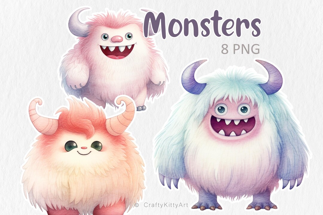 Cute Monster Clipart. Fluffy Furry Monsters. Watercolor Clip Art Bundle ...