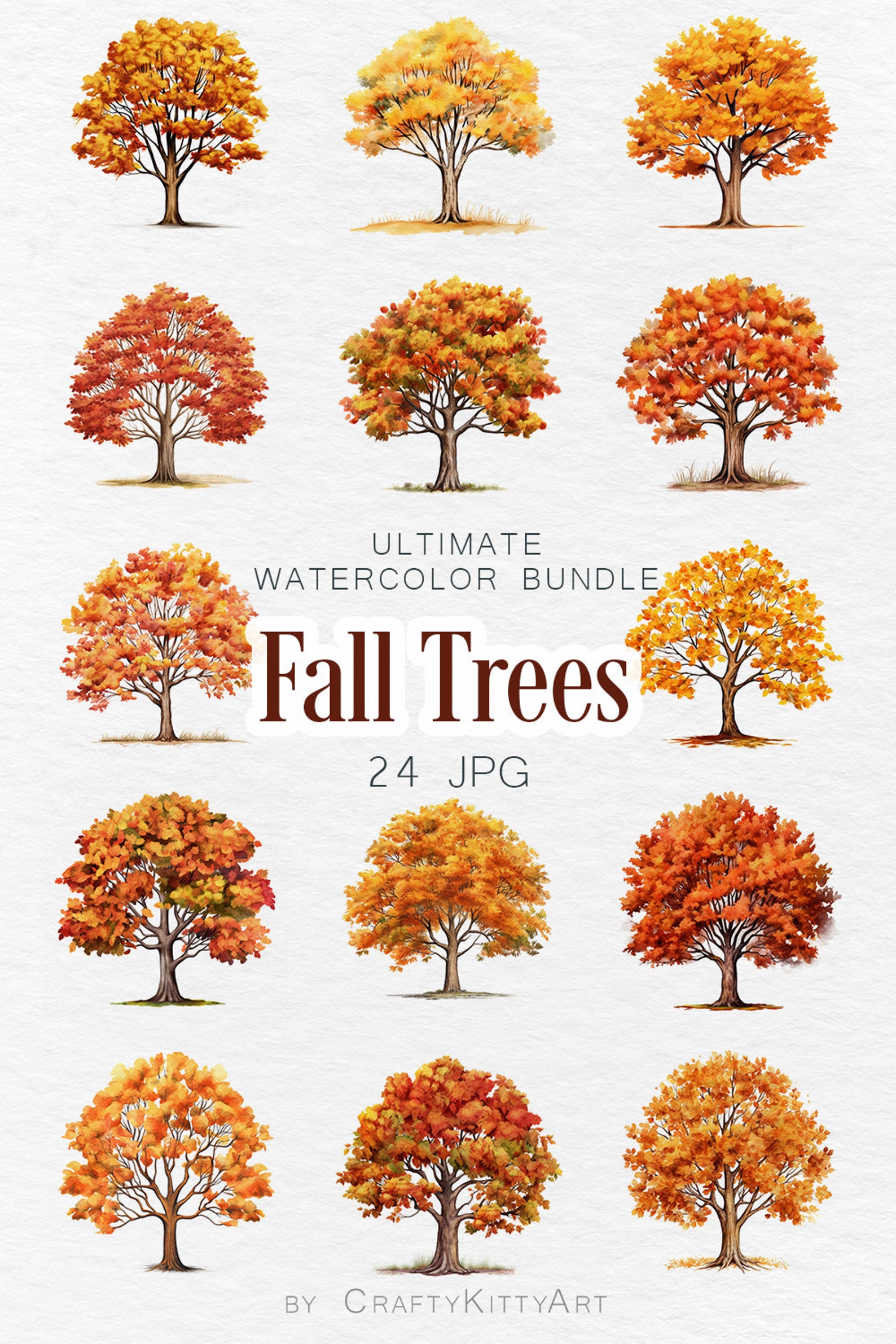Fall Tree Clipart Bundle. Watercolor Tree Clip Art. Autumn Trees ...