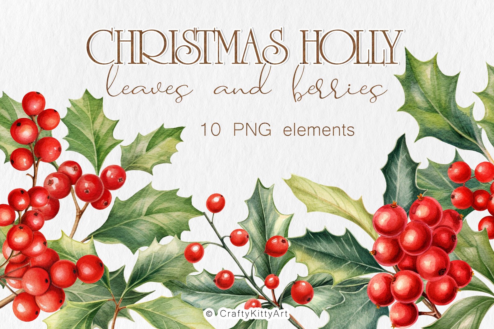 Holly Watercolor Clip Art. Christmas Holly Branch. Holly Leaves & Red ...